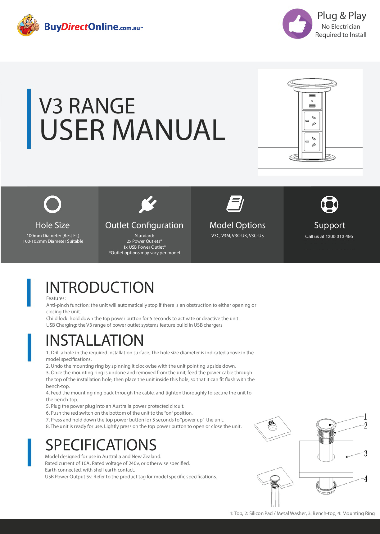 Electrical V3 UK Motorised Pop Up Power Point Socket Outlet w/ 2 GPO 2 ...