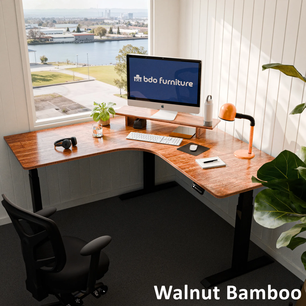 Ergo-Rise Bamboo Triple Motor Corner Sit Stand Desk | BDO Furniture